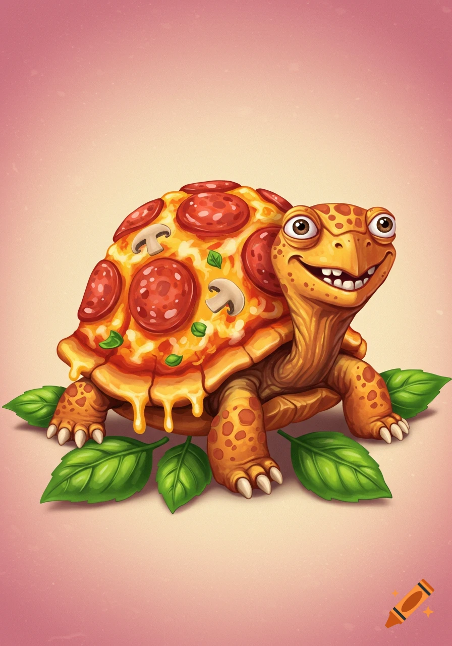 Cartoon illustration of a turtle with a pizza for a shell. on Craiyon