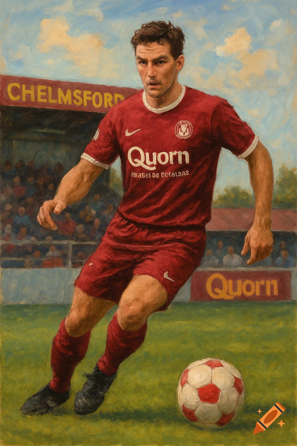 Painting of a soccer player in a red uniform dribbling a ball. on Craiyon