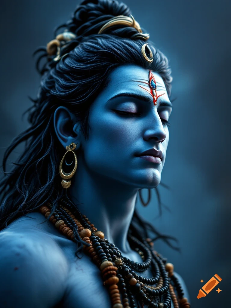 Photorealistic portrait of Lord Shiva with blue skin, closed eyes ...