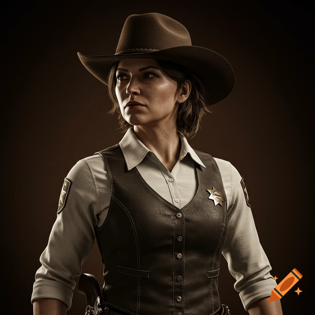 A photorealistic portrait of a woman wearing a sheriff uniform and ...