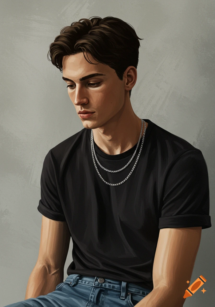 Digital painting portrait of a young man in a black t-shirt and silver ...