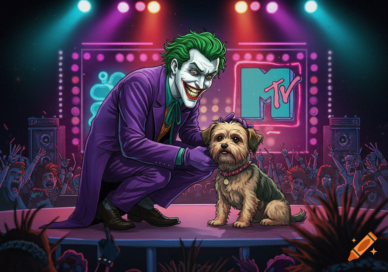 The Joker pets a dog on stage at an MTV concert in a stylized cartoon ...
