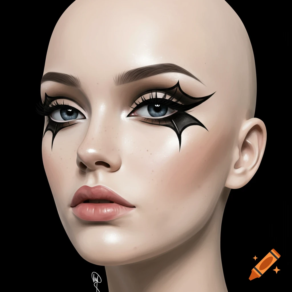 Close-up portrait of a bald person with blue eyes and black spider web ...