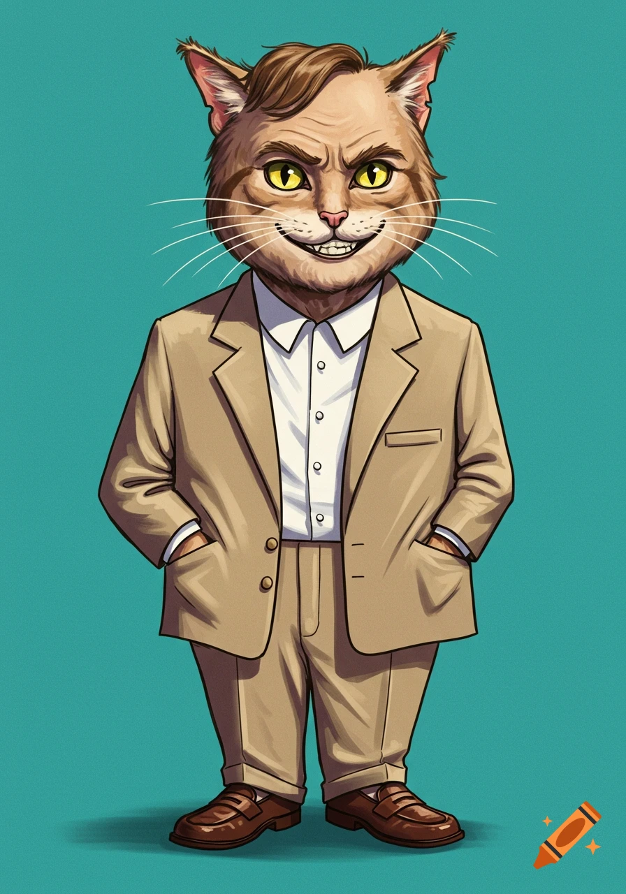 A cartoon illustration of a cat standing in a suit, looking like Saul ...