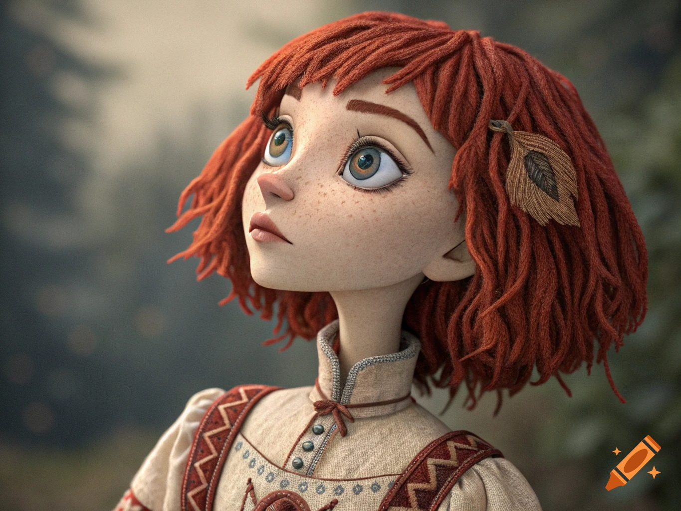 A stop-motion puppet with red hair, freckles, and a detailed dress ...
