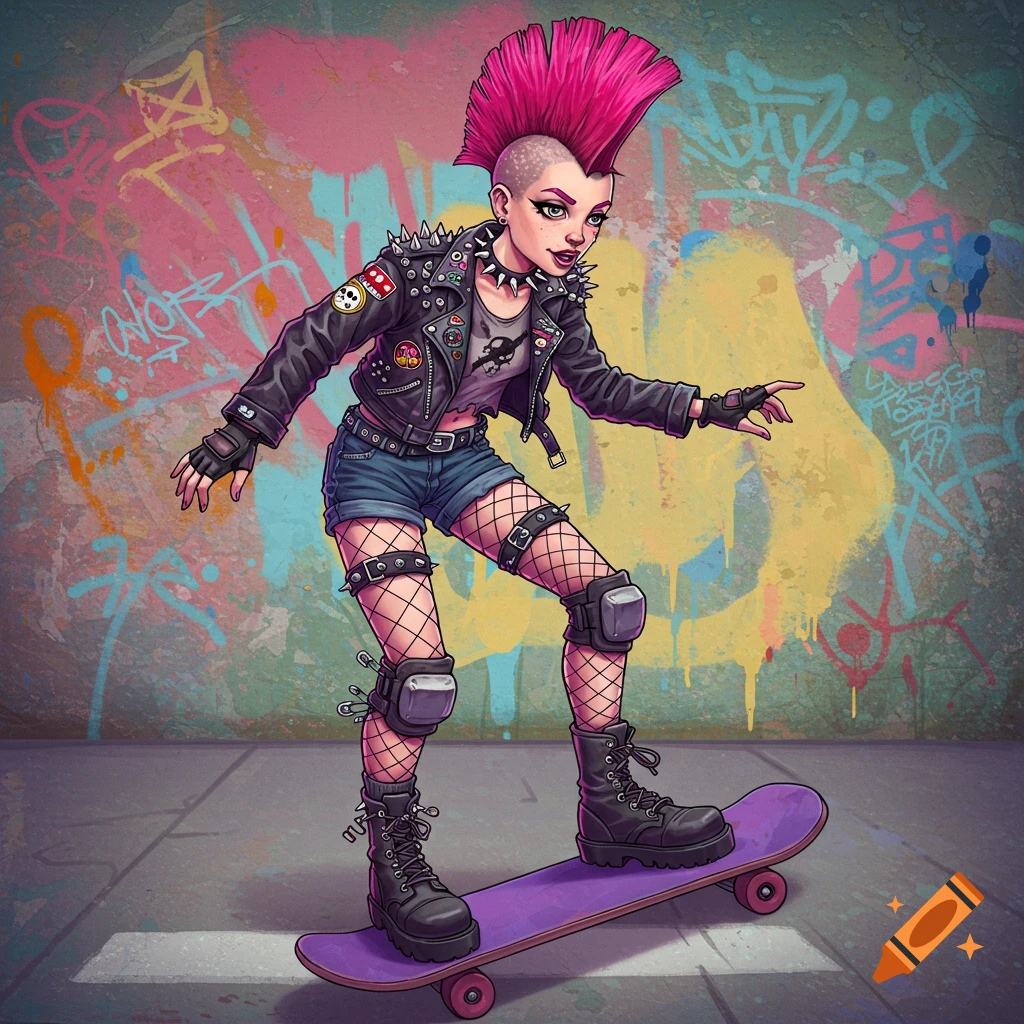 Punk girl with pink mohawk skateboarding in front of a graffiti wall ...