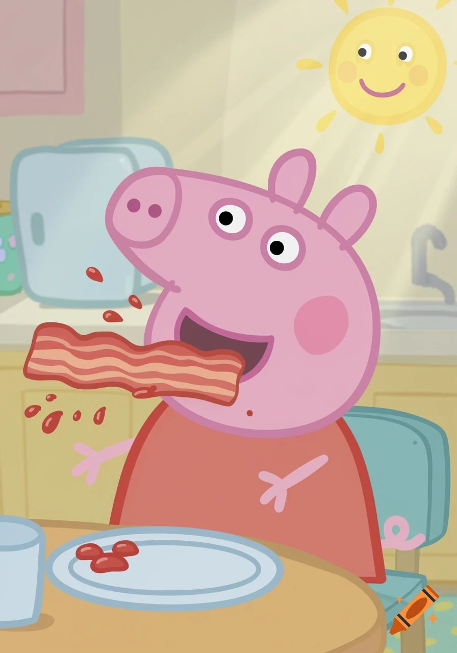 Peppa Pig eating a strip of bacon at a table in a kitchen, cartoon ...
