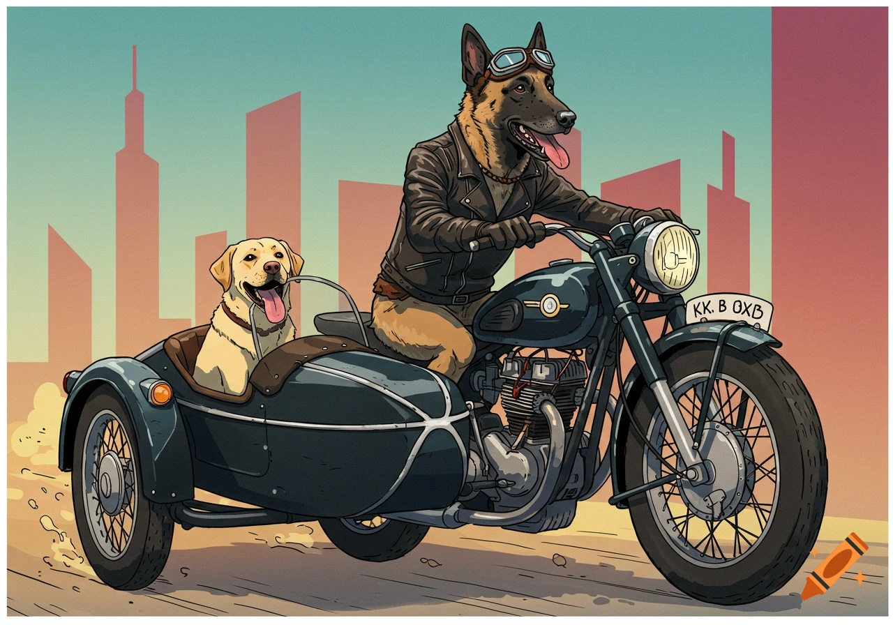 Illustration of an anthropomorphic German Shepherd on a motorcycle with ...