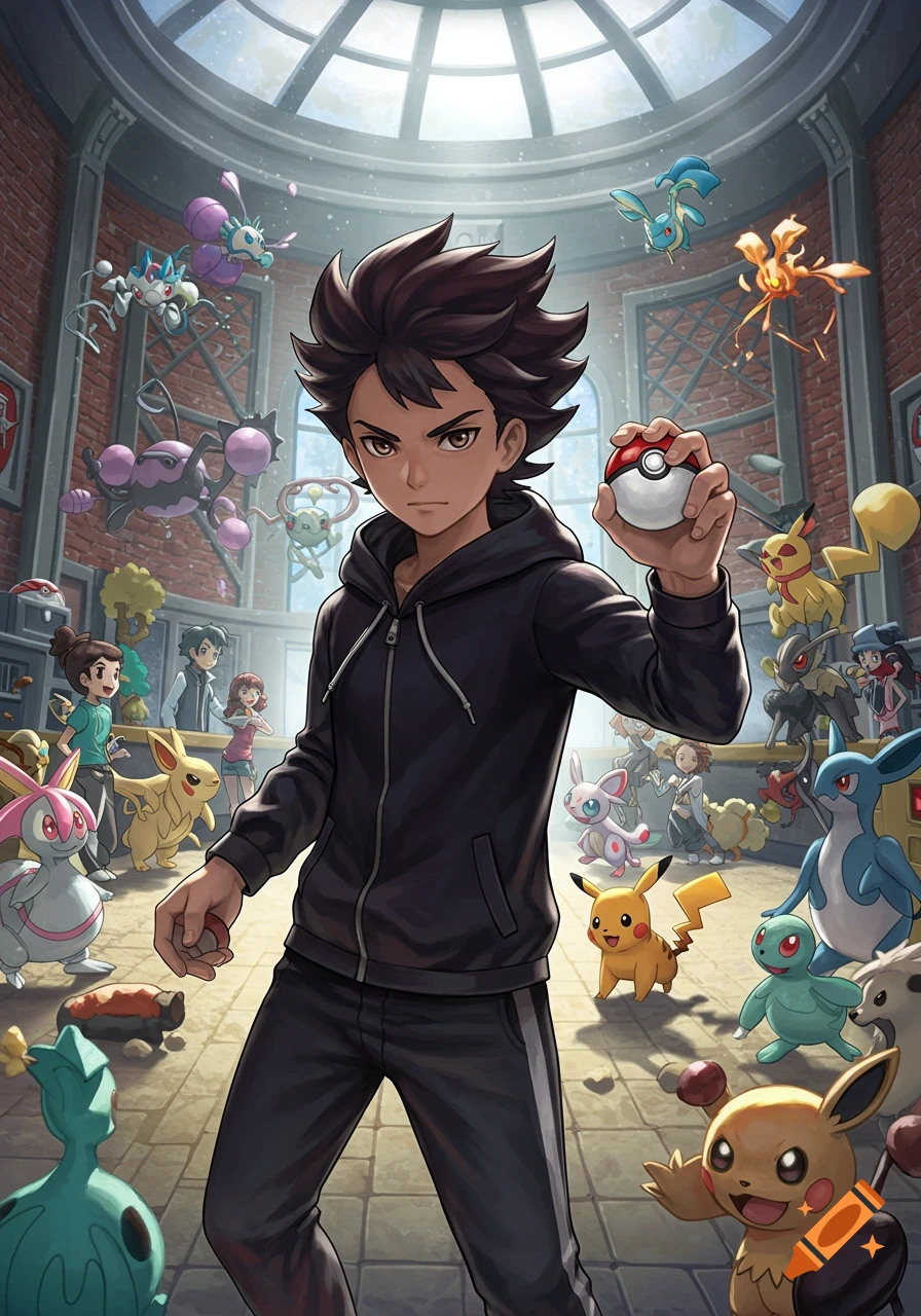Young male Pokémon trainer holding a Poké Ball in a gym surrounded by ...
