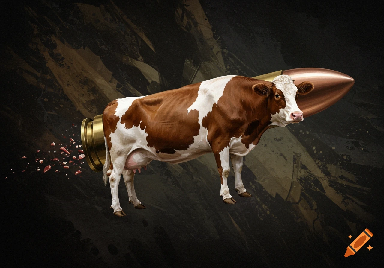 A surreal image of a cow transformed into a bullet flying mid-air. on ...