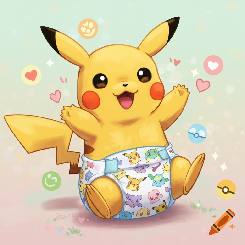 A cheerful baby Pikachu sits wearing a diaper decorated with other ...