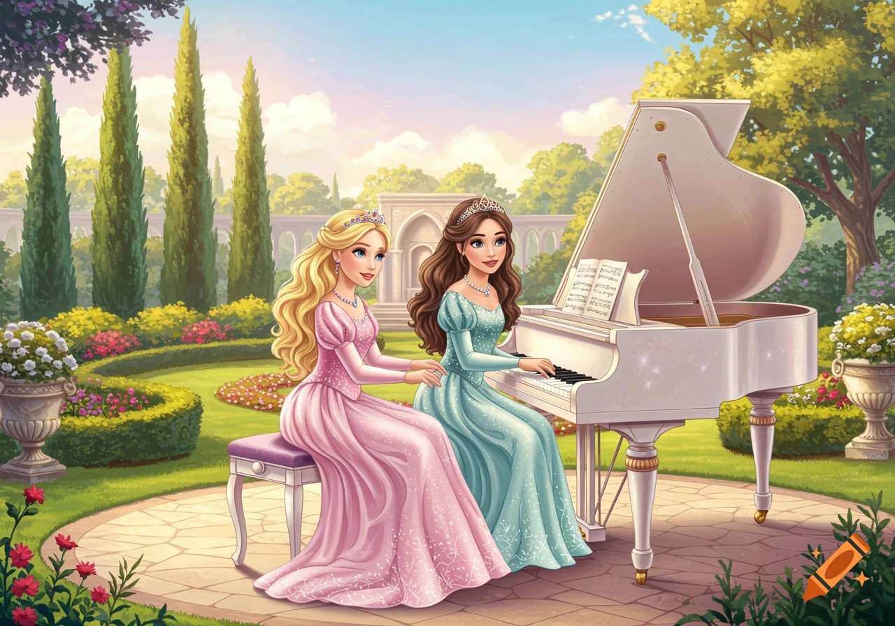 Two princess sisters play a white grand piano in a sunny palace garden ...