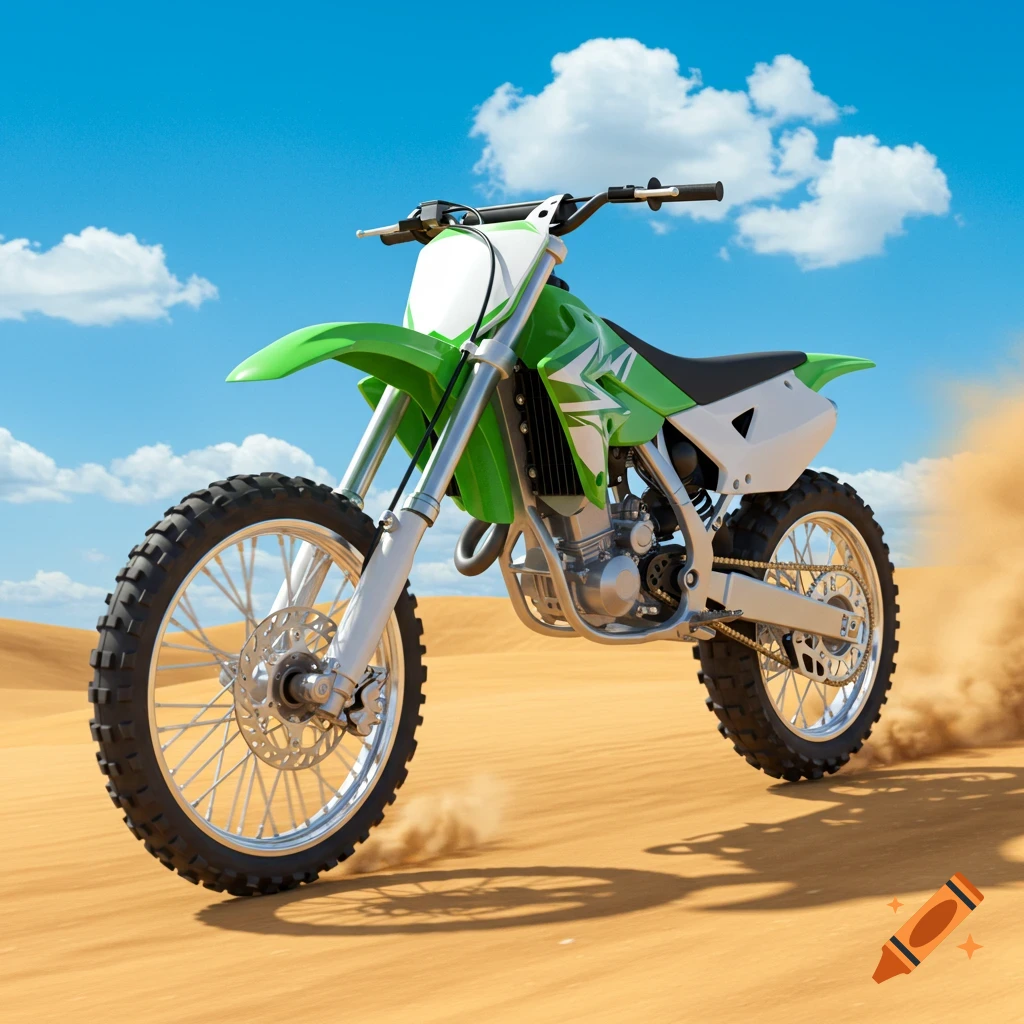 An animated green and white dirtbike rides through a sandy desert with ...