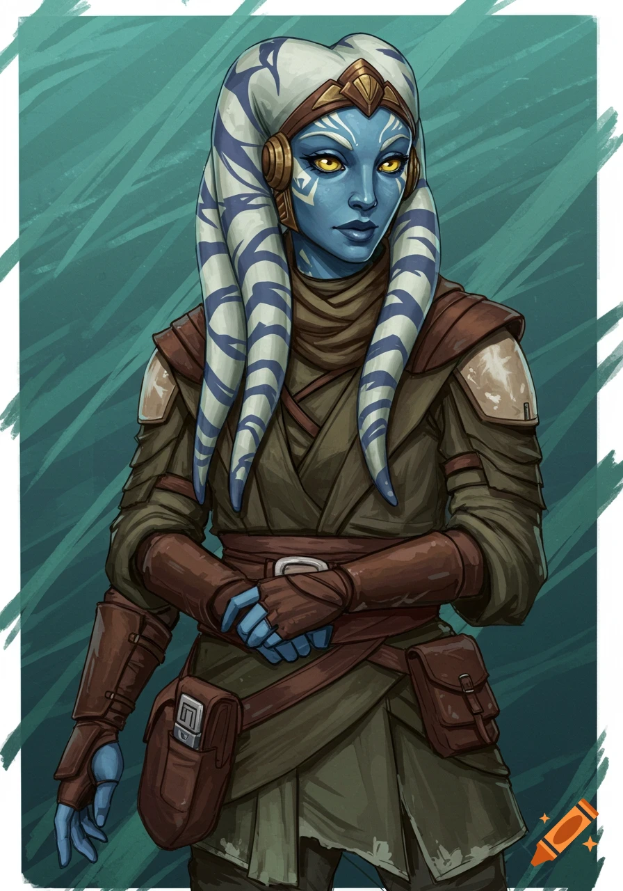Digital painting of a blue-skinned alien woman with striped headtails ...