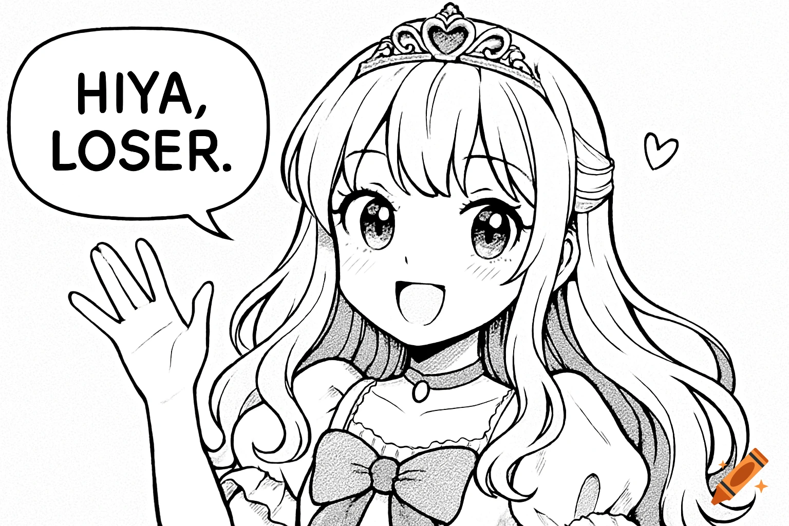 Black and white manga drawing of an anime girl waving and saying 'Hiya ...