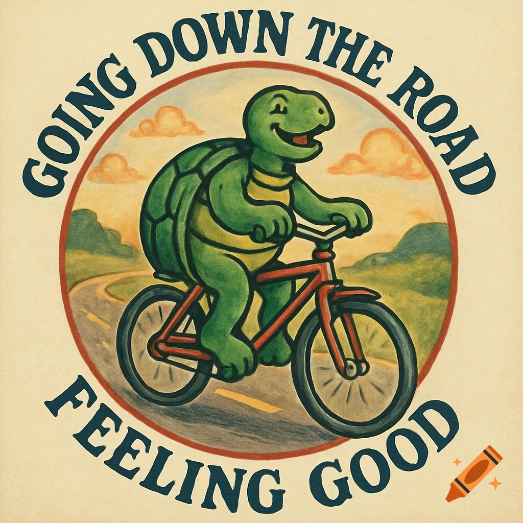 Cartoon turtle riding bike with text Going Down The Road Feeling Good ...