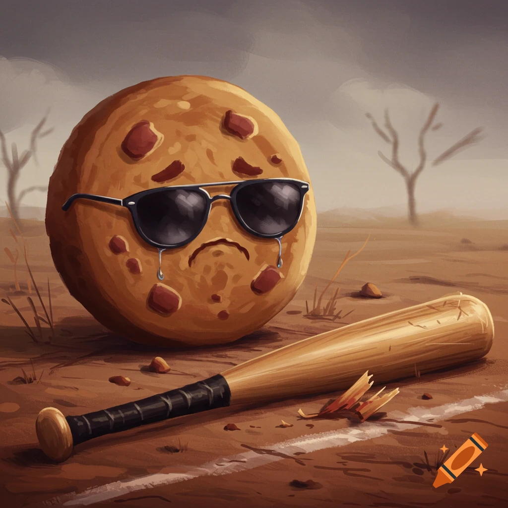 A sad cookie wearing sunglasses sits near a broken baseball bat on a ...