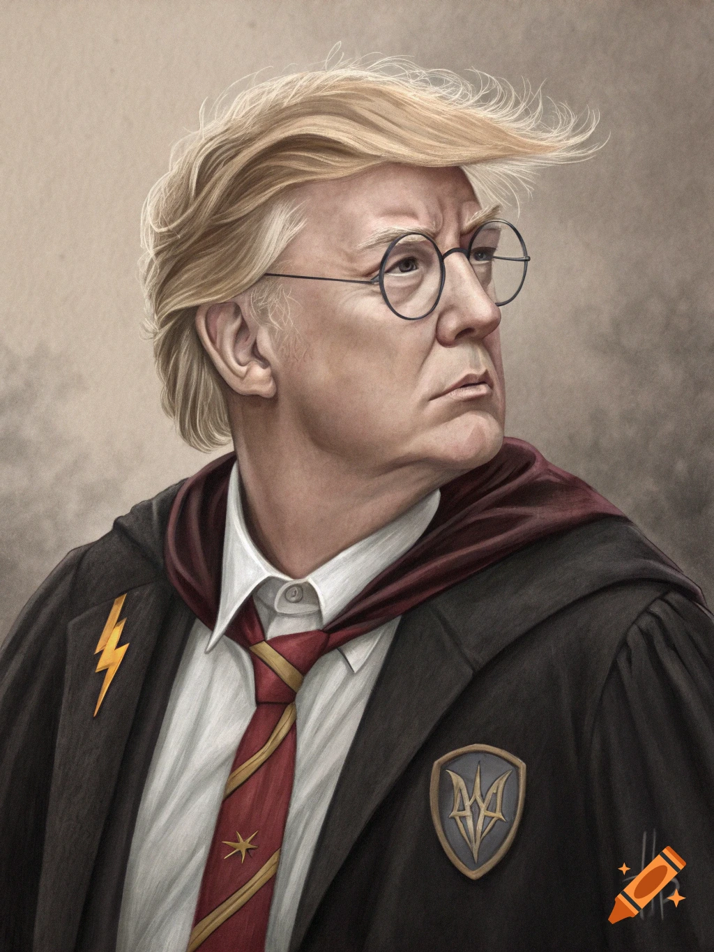Portrait of Donald Trump dressed as Harry Potter wearing a robe, tie ...