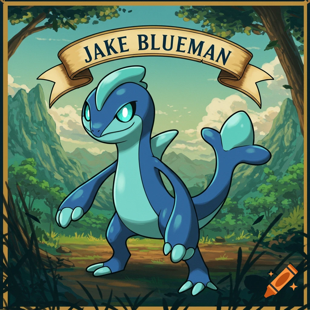 Cartoon illustration of a blue Pokemon creature in a forest with a banner saying 'JAKE BLUEMAN ...