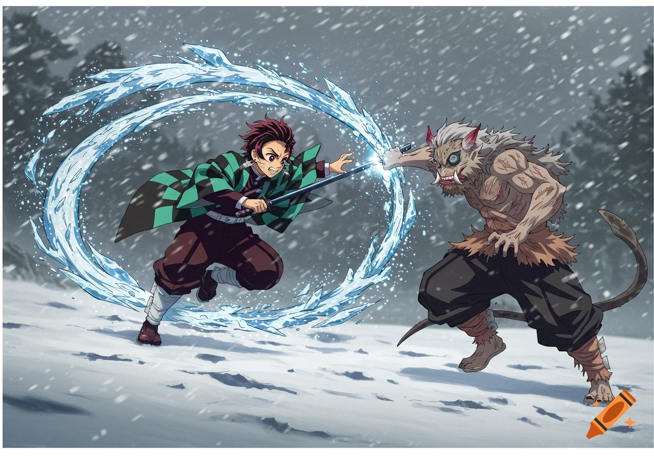 Anime style fight in snow between two characters using a sword and ice ...