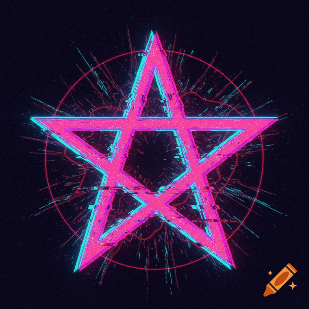 Pink and blue glowing pentagram with glitch effects on a dark ...