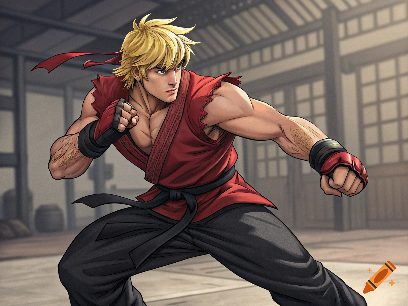 Ken Masters from Street Fighter in a red gi in a fighting pose, anime ...