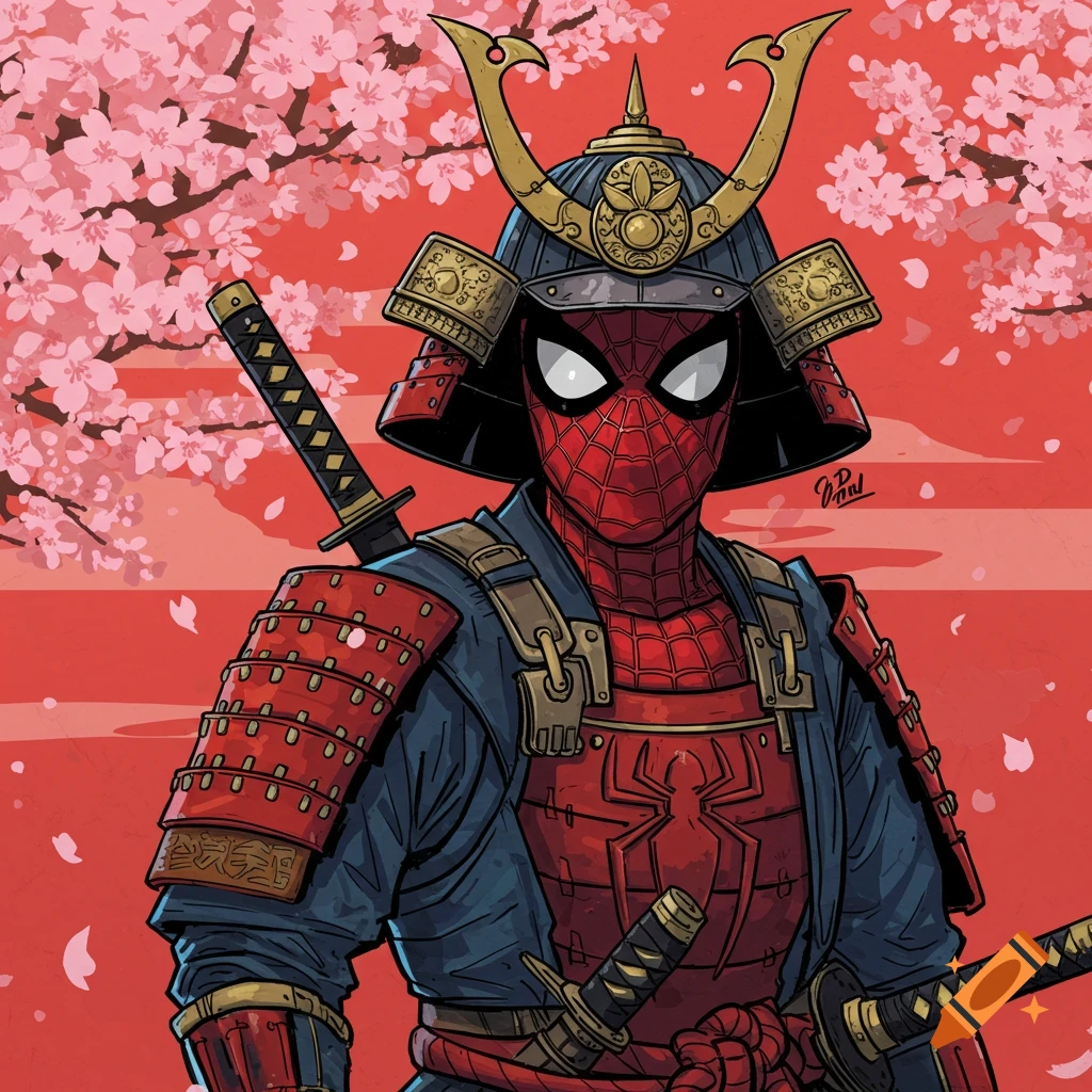 Spider-Man dressed as a samurai with swords and cherry blossoms in a ...