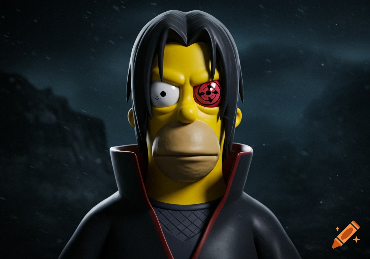 3D render of Homer Simpson styled as Itachi Uchiha from Naruto. on Craiyon