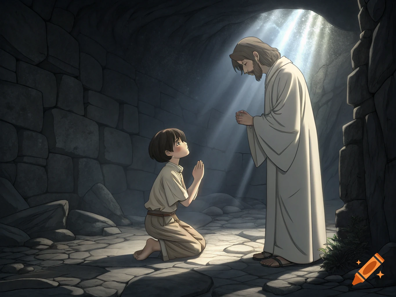 A boy kneels and prays to Jesus in a dark stone cave with rays of light ...