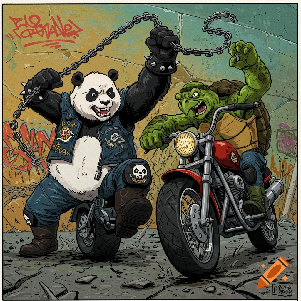 A cartoon illustration of a panda biker holding a chain and a turtle ...