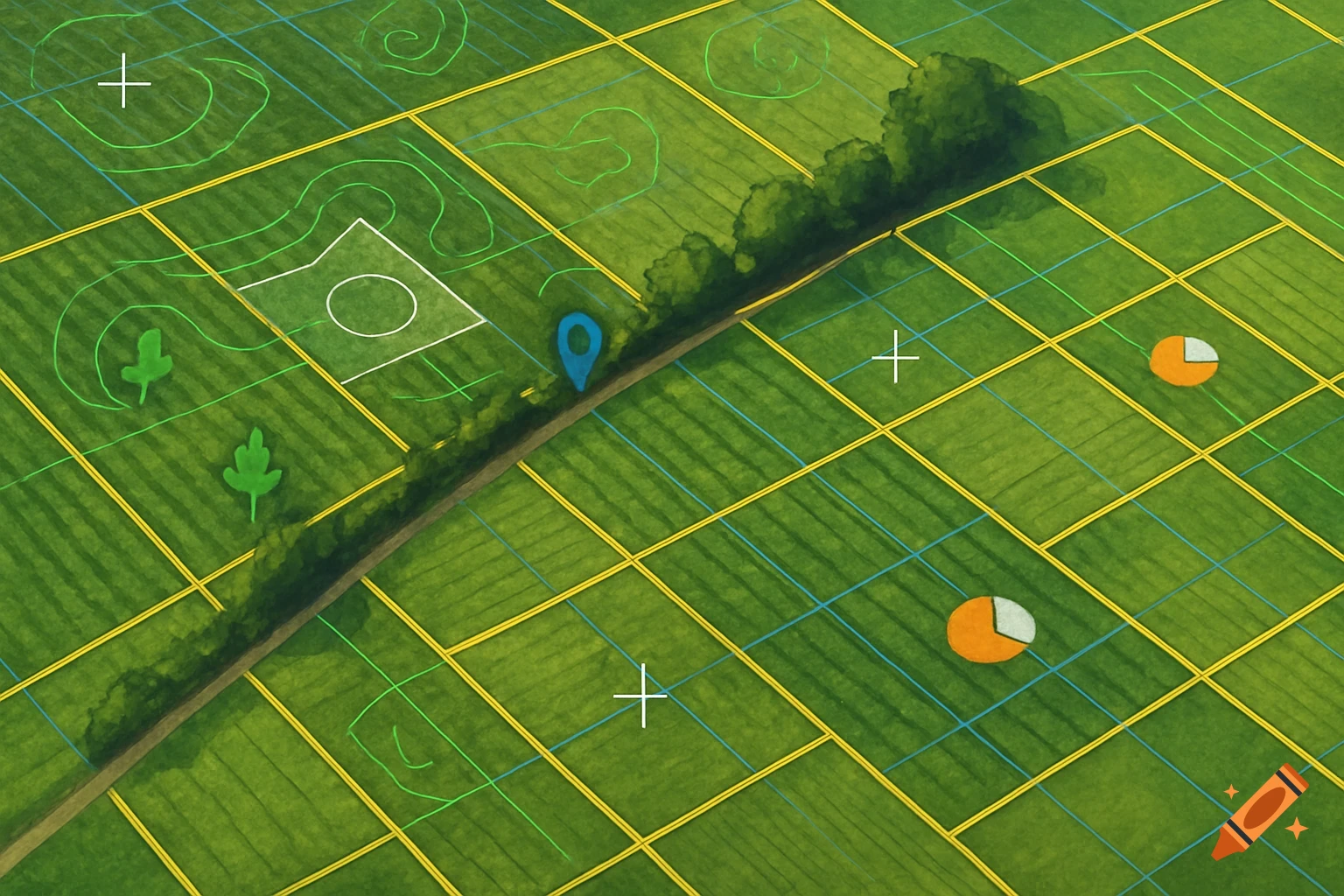 Overhead view of agricultural fields with GIS map elements like grid lines, contour lines, and ...