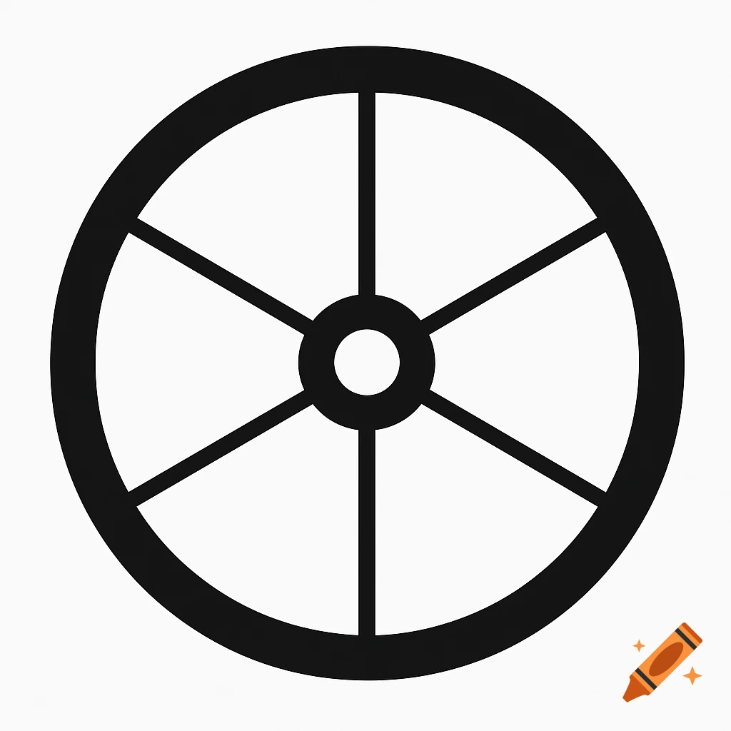 A black diagram of a wheel with six spokes and a central hub on a white ...