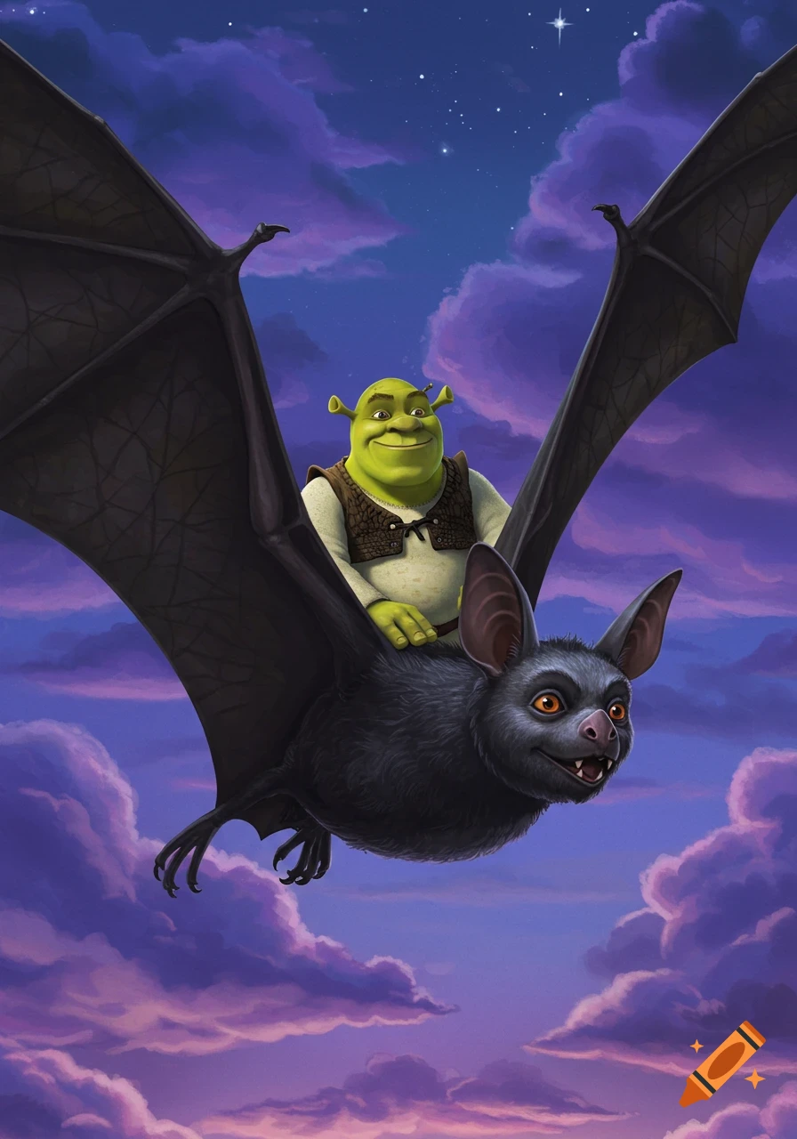 Shrek rides a large bat through a cloudy night sky. on Craiyon