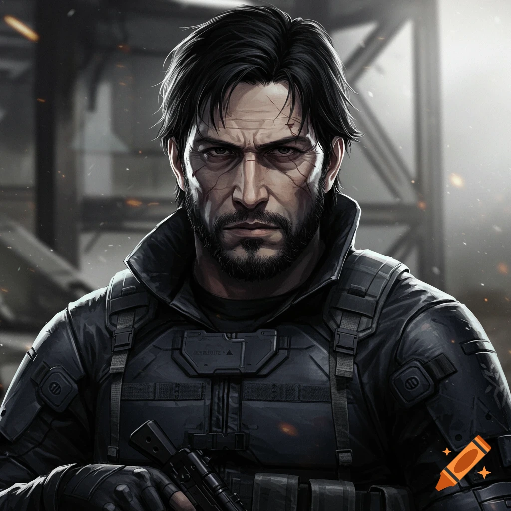 Stylized dramatic portrait of a man in tactical gear with facial scars ...
