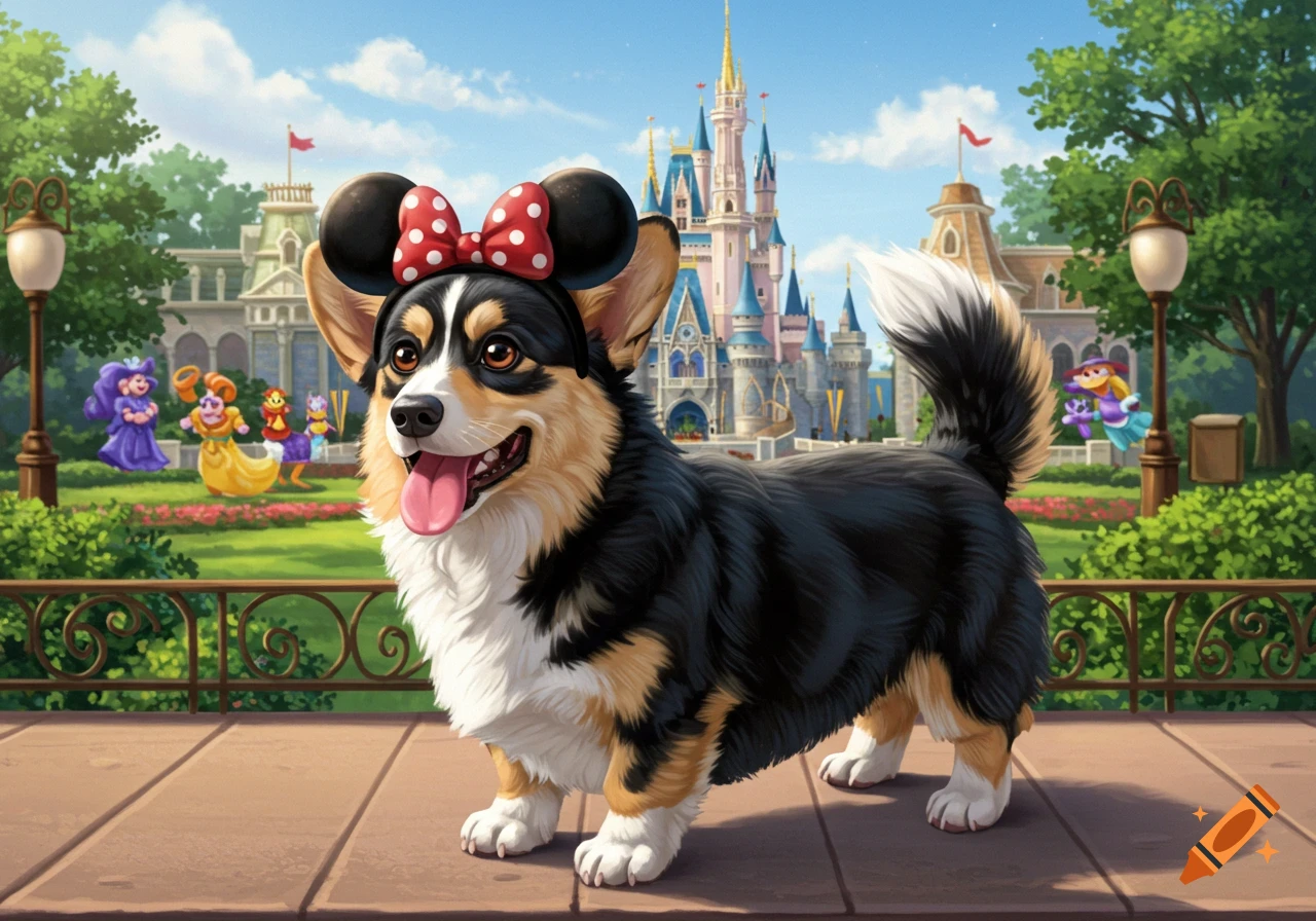 Cartoon illustration of a corgi wearing Minnie Mouse ears at a Disney ...