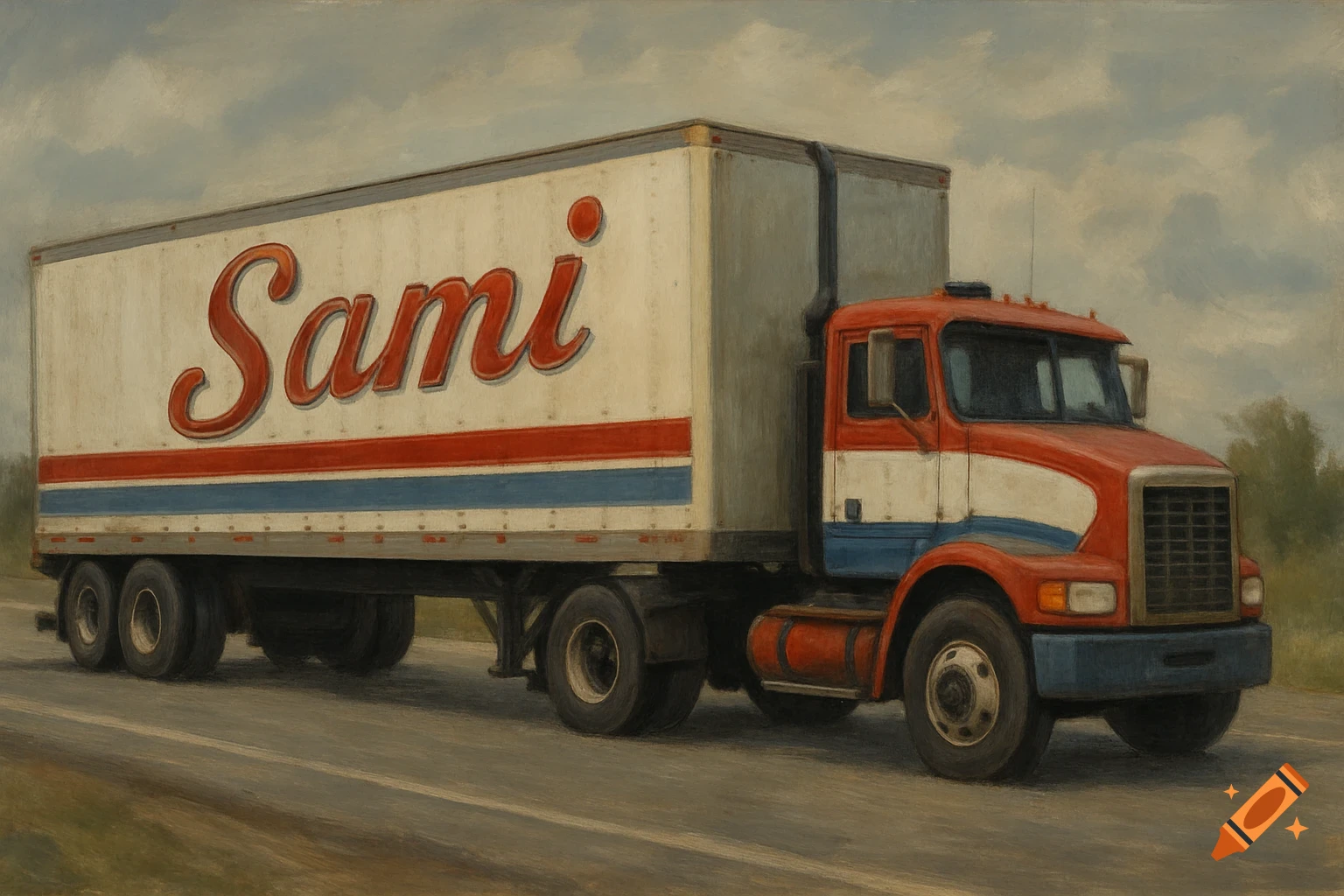 A semi-trailer truck with 'Sami' on the side drives on a road. The ...