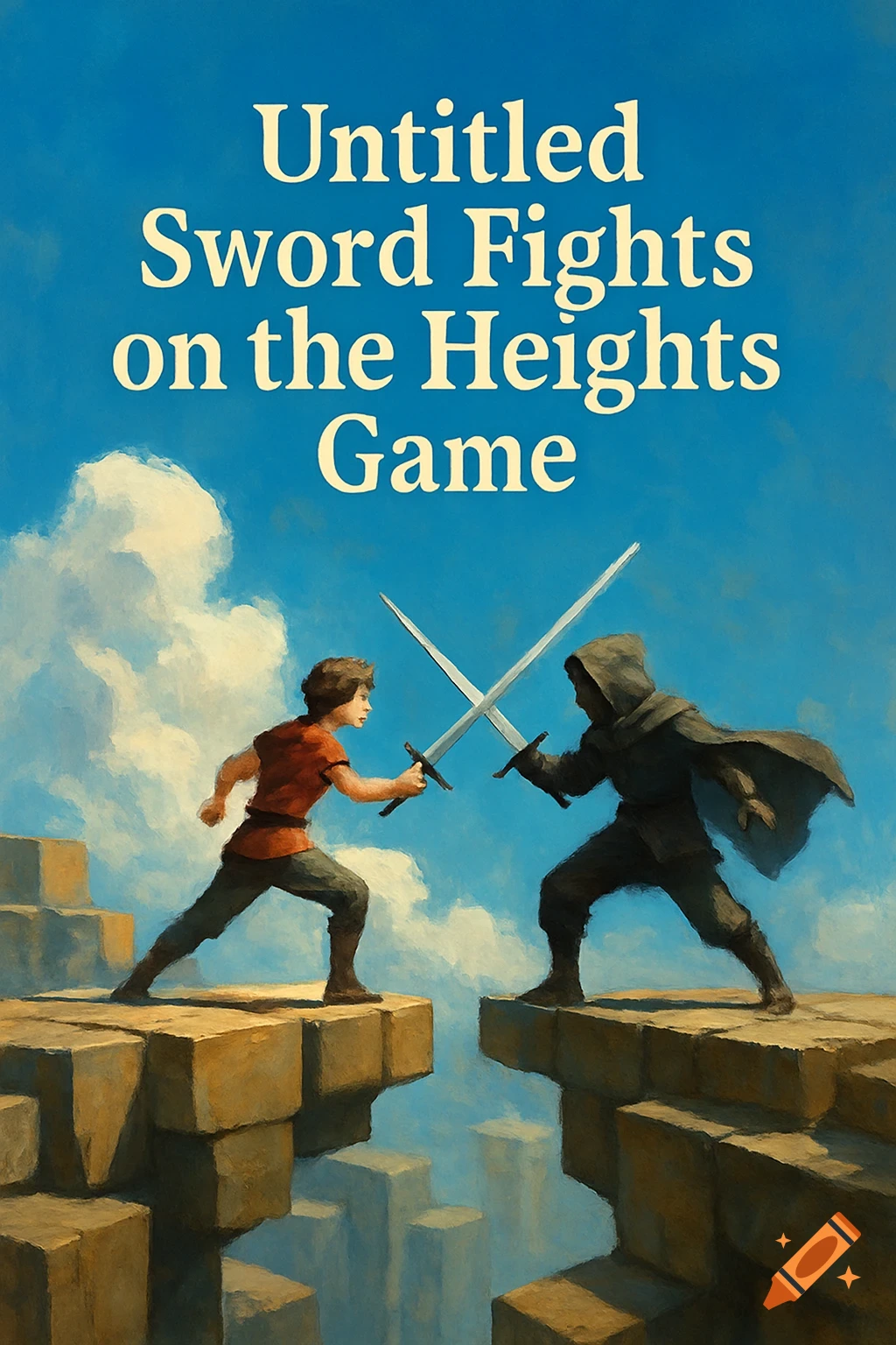 Illustration of two figures sword fighting on high platforms, with game ...