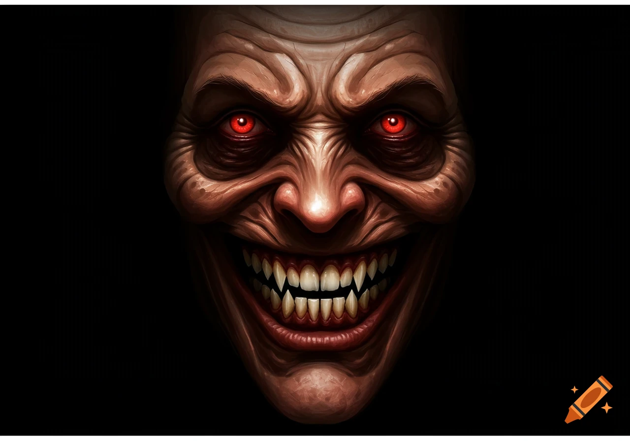 A scary monster face with glowing red eyes and sharp teeth on a black ...