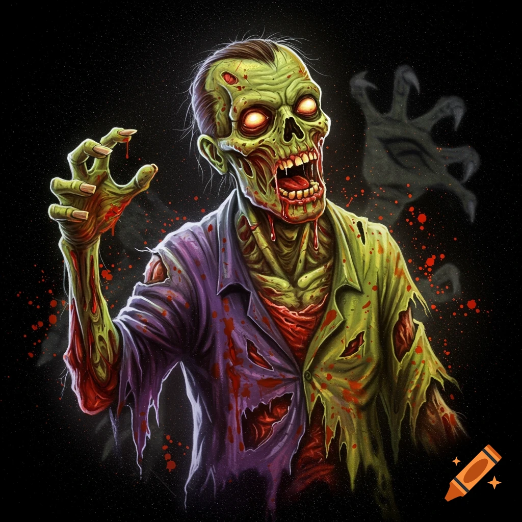 Airbrush illustration of a zombie with glowing eyes, torn clothes, and ...