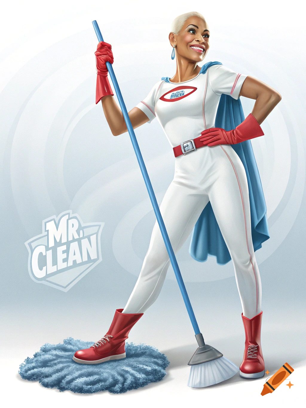 Illustration of a woman in a white and red superhero costume holding a ...