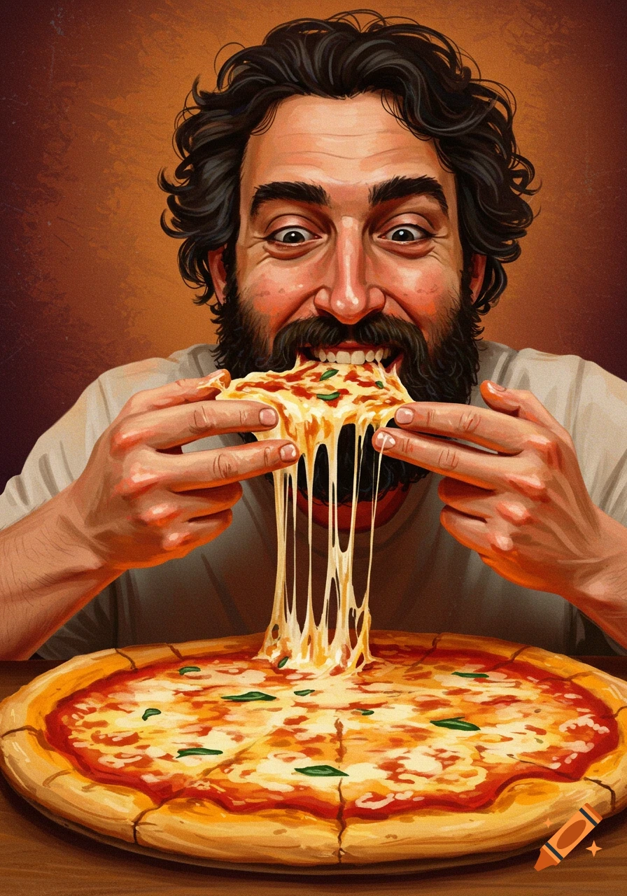 Illustration of a man enthusiastically eating a slice of pizza with a ...