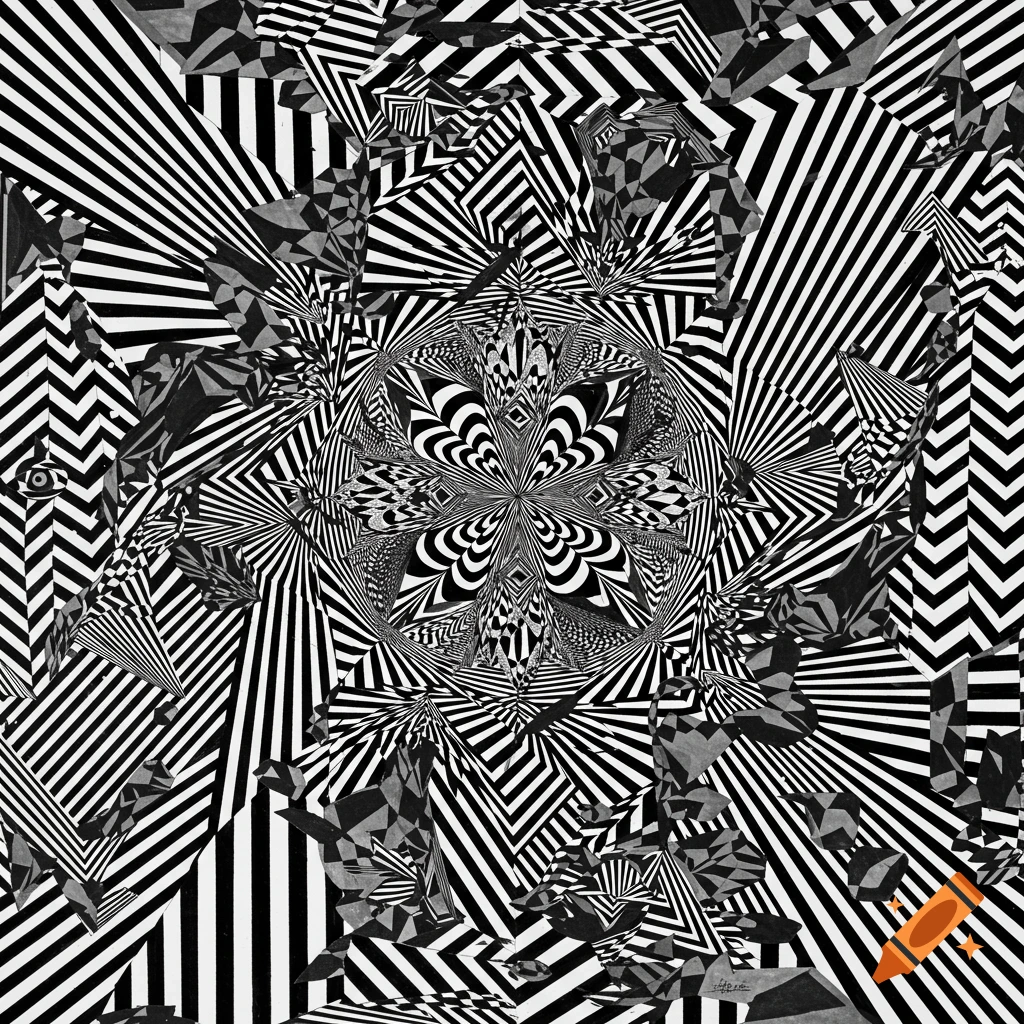 Black and white abstract op art piece with complex geometric patterns and optical illusions. on ...