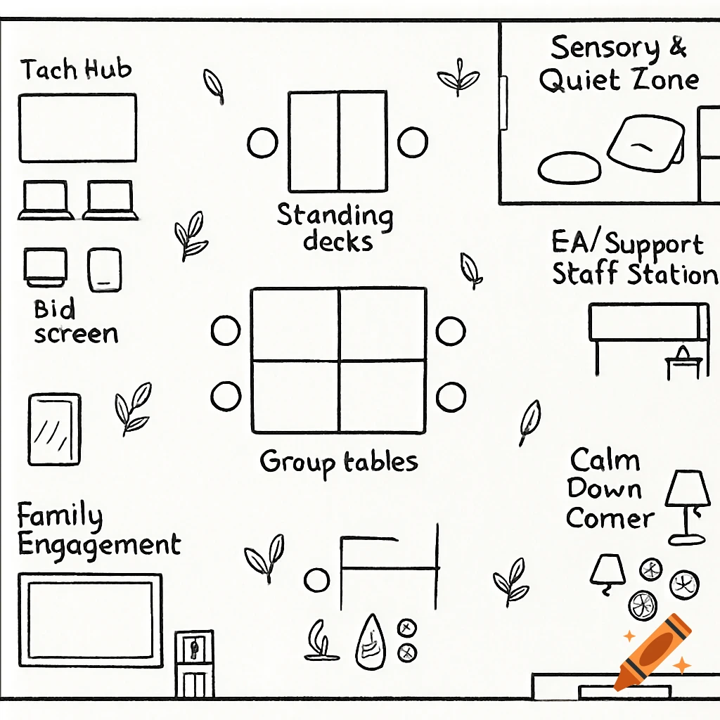 Simple line drawing floor plan of a classroom with labeled zones: Tech ...