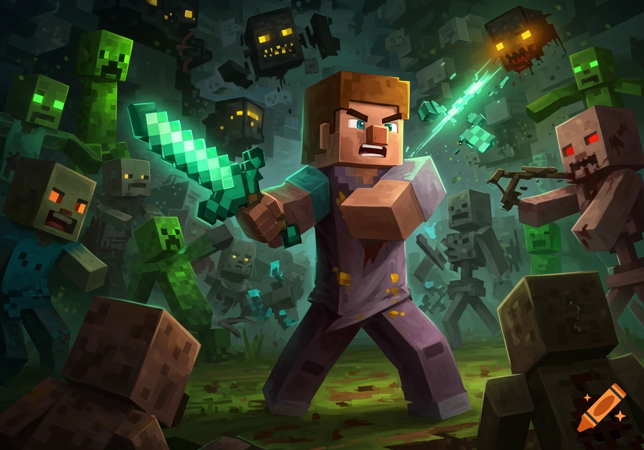 Minecraft character Steve fights zombies and creepers with a sword. on ...