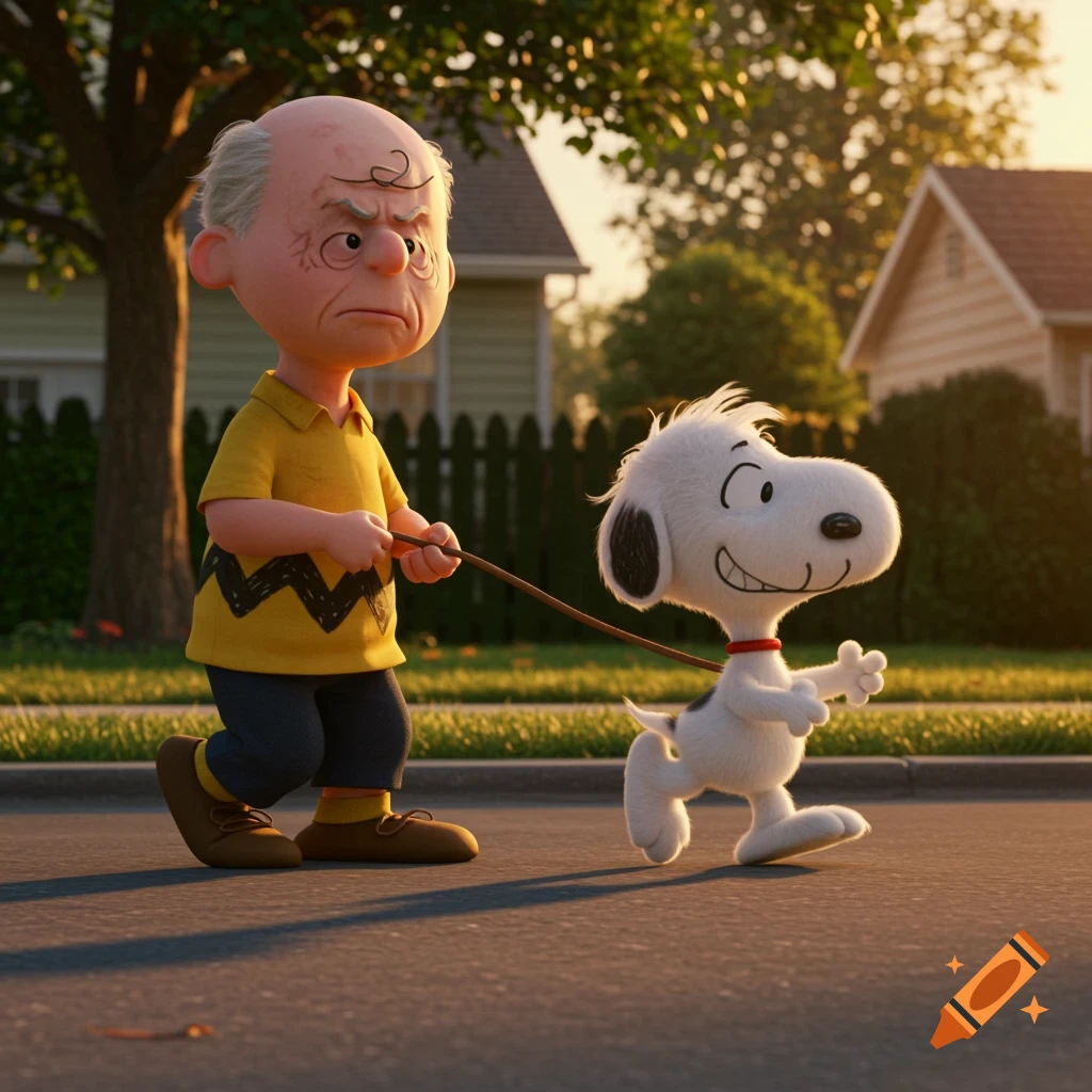 Old and angry Charlie Brown walks Snoopy, who looks happy and slightly ...