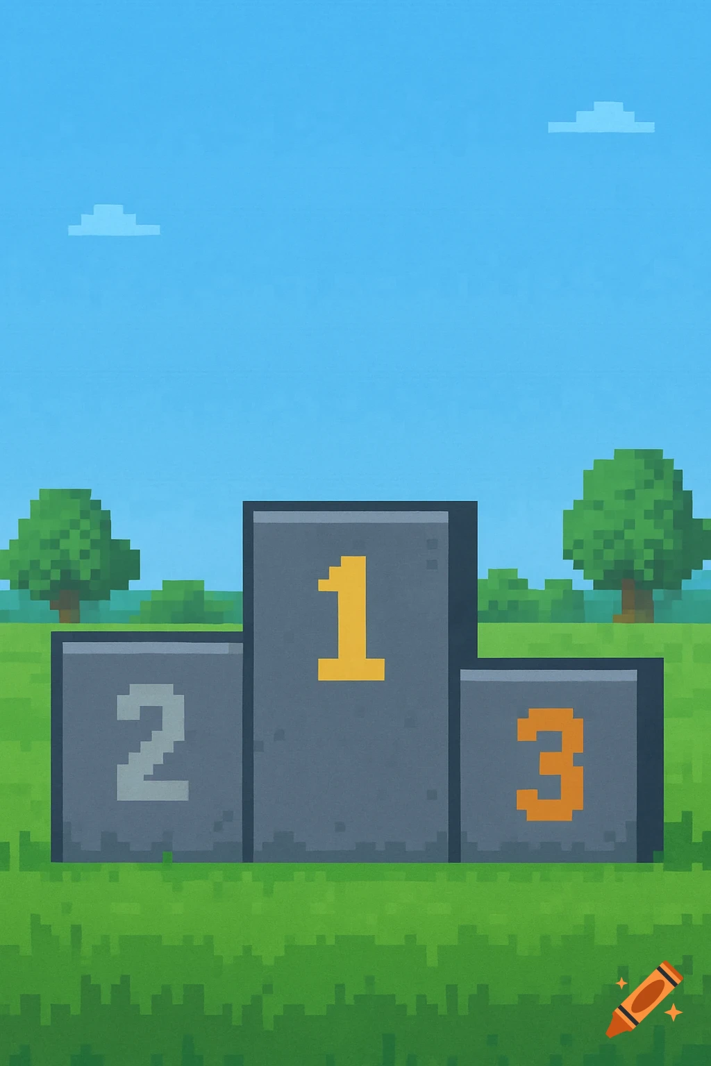 Pixel art of a winners podium labeled 1, 2, 3 in a grassy field under a ...