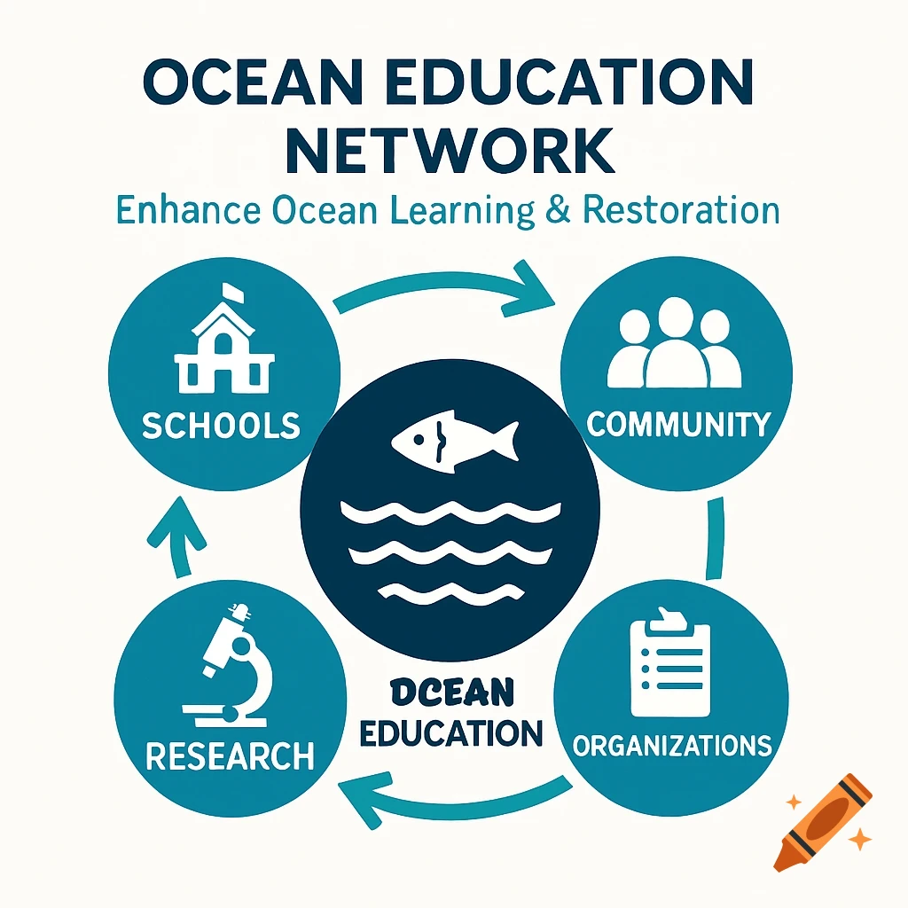 A graphic diagram illustrating an ocean education network. on Craiyon