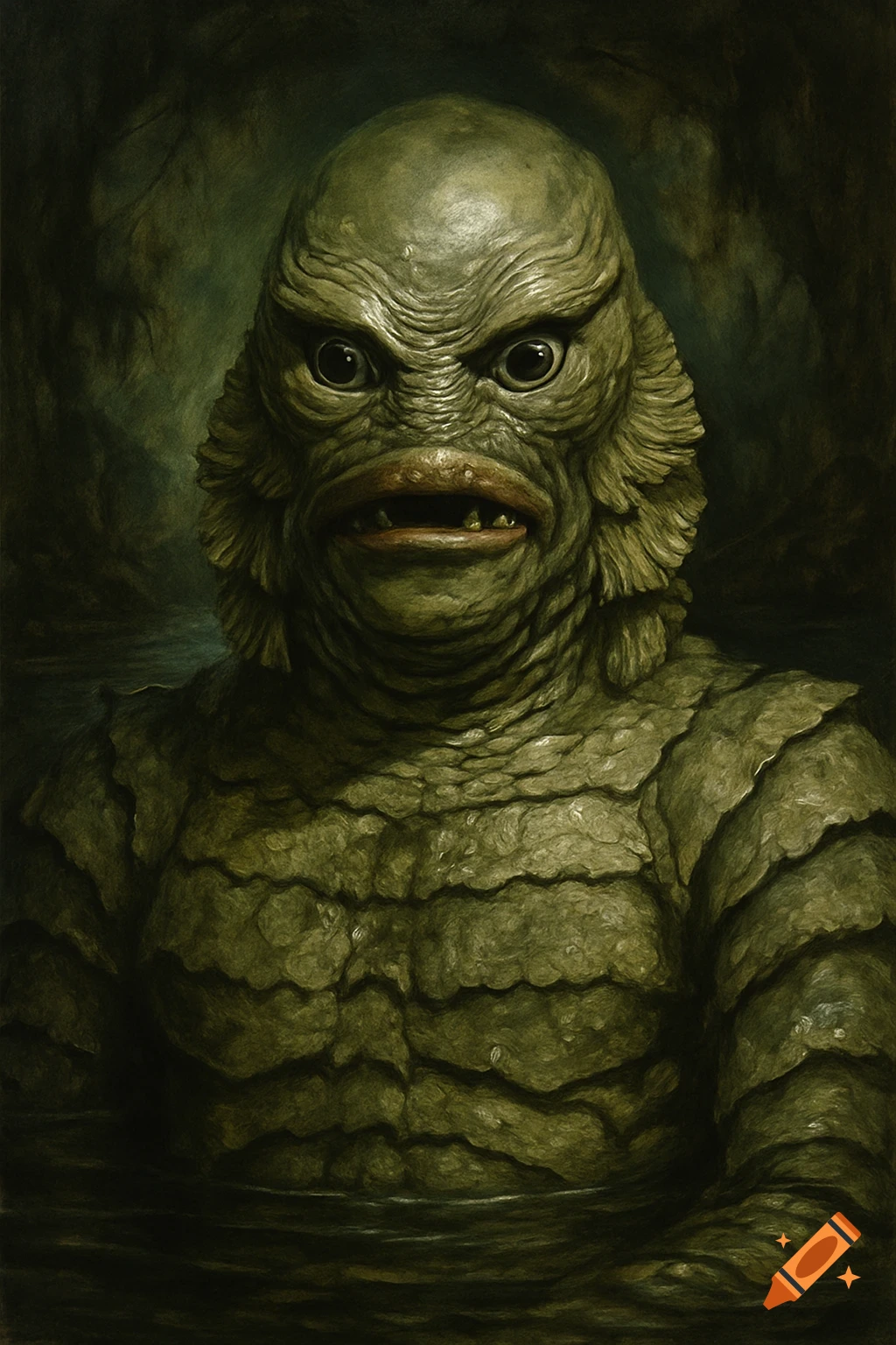 Portrait of the Creature from the Black Lagoon monster in a dark ...