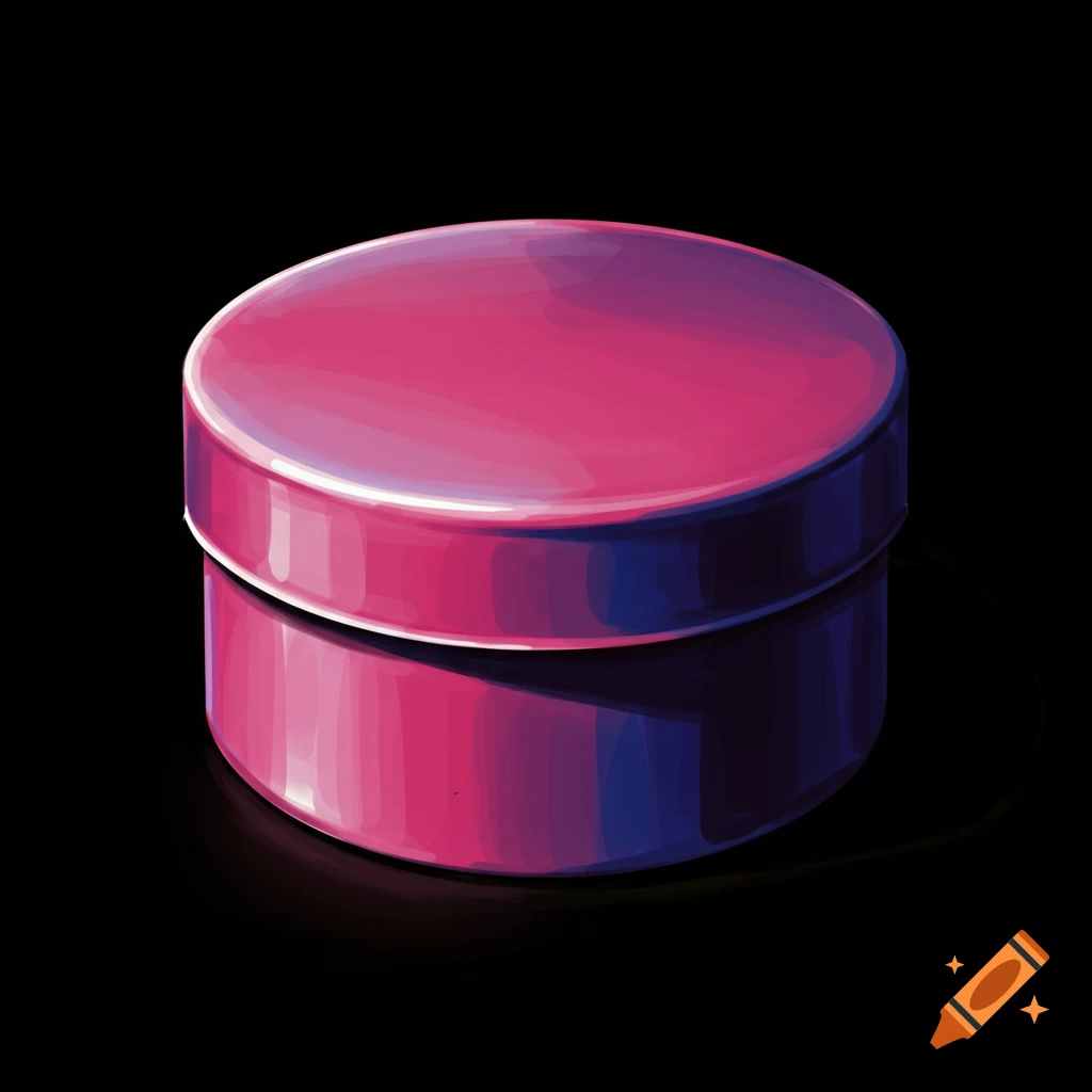 A pink round box with purple and blue highlights on a black background ...