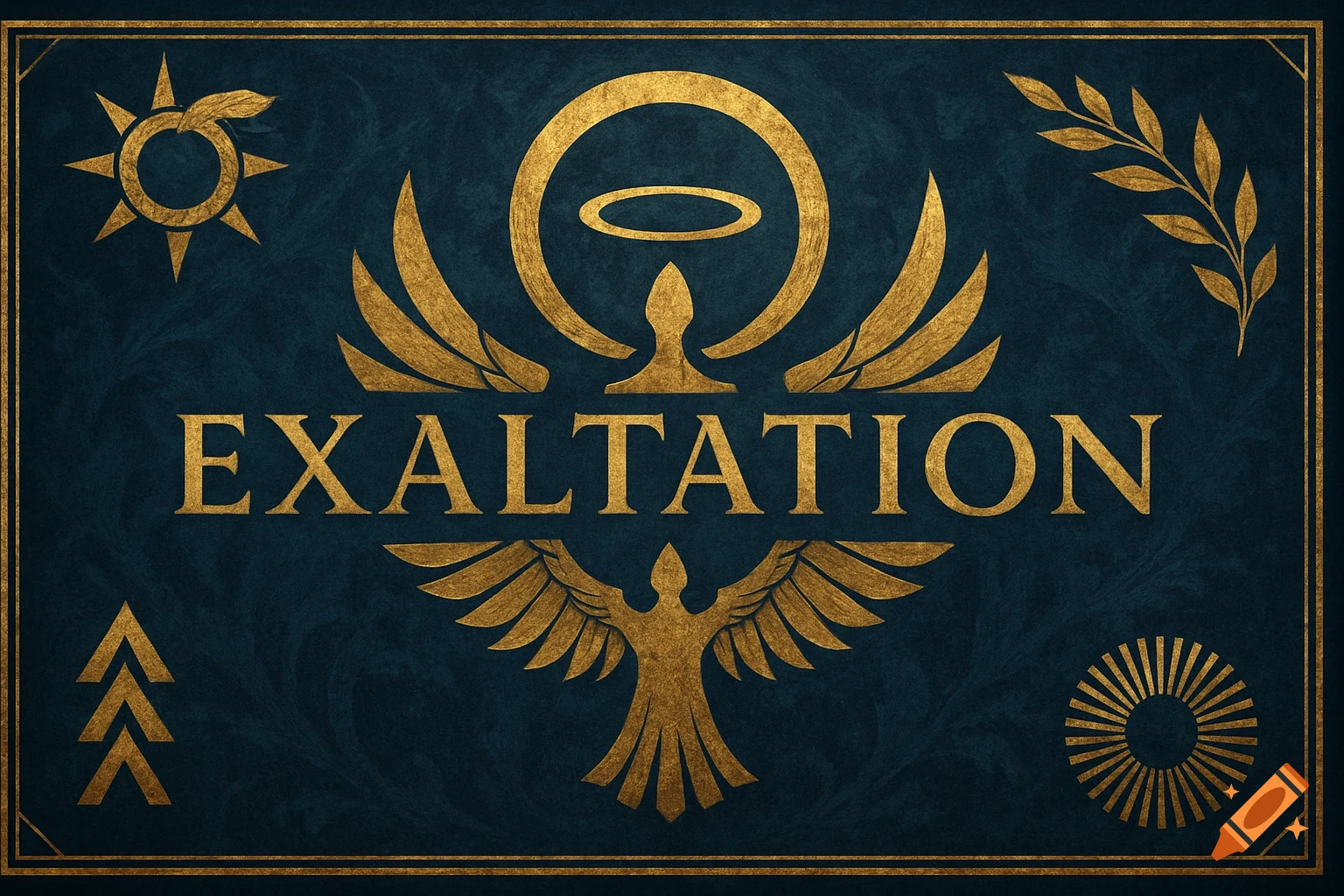 Gold banner with the word EXALTATION and fantasy symbols on a dark teal ...